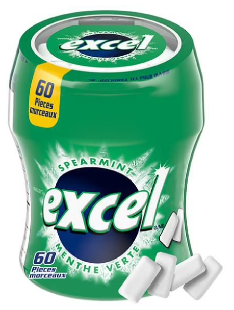 EXCEL, Spearmint Flavored Sugar Free Chewing Gum, 60 Pieces, 1 Bottle,